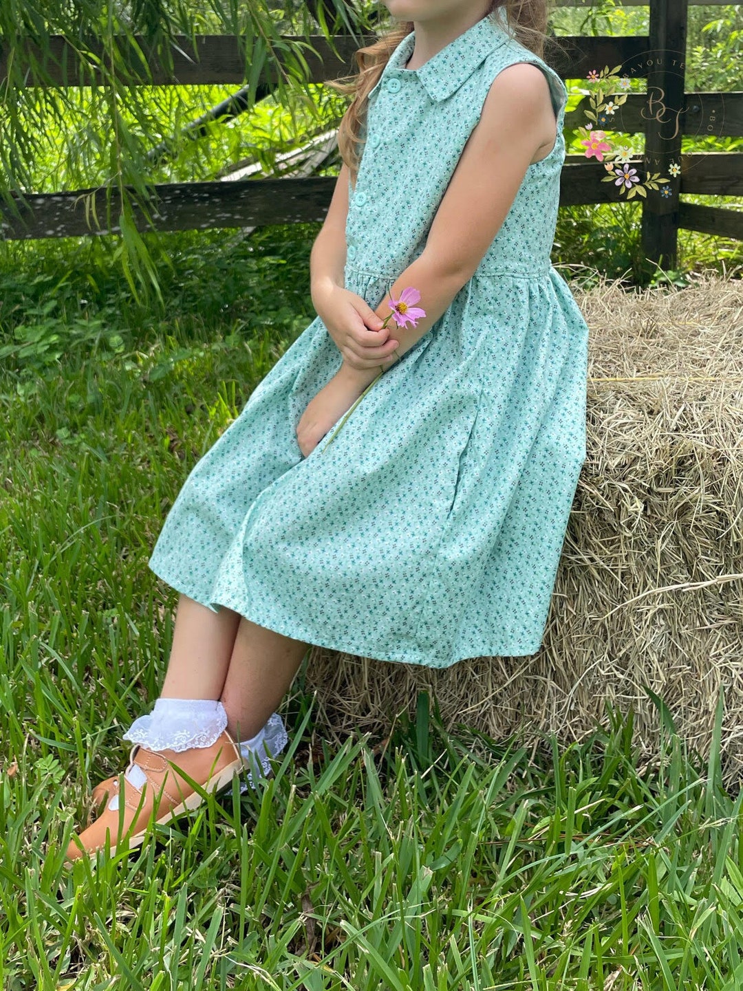 Girls Shirt Dress With Pockets, Cotton, Green and Blue Floral, Vintage ...