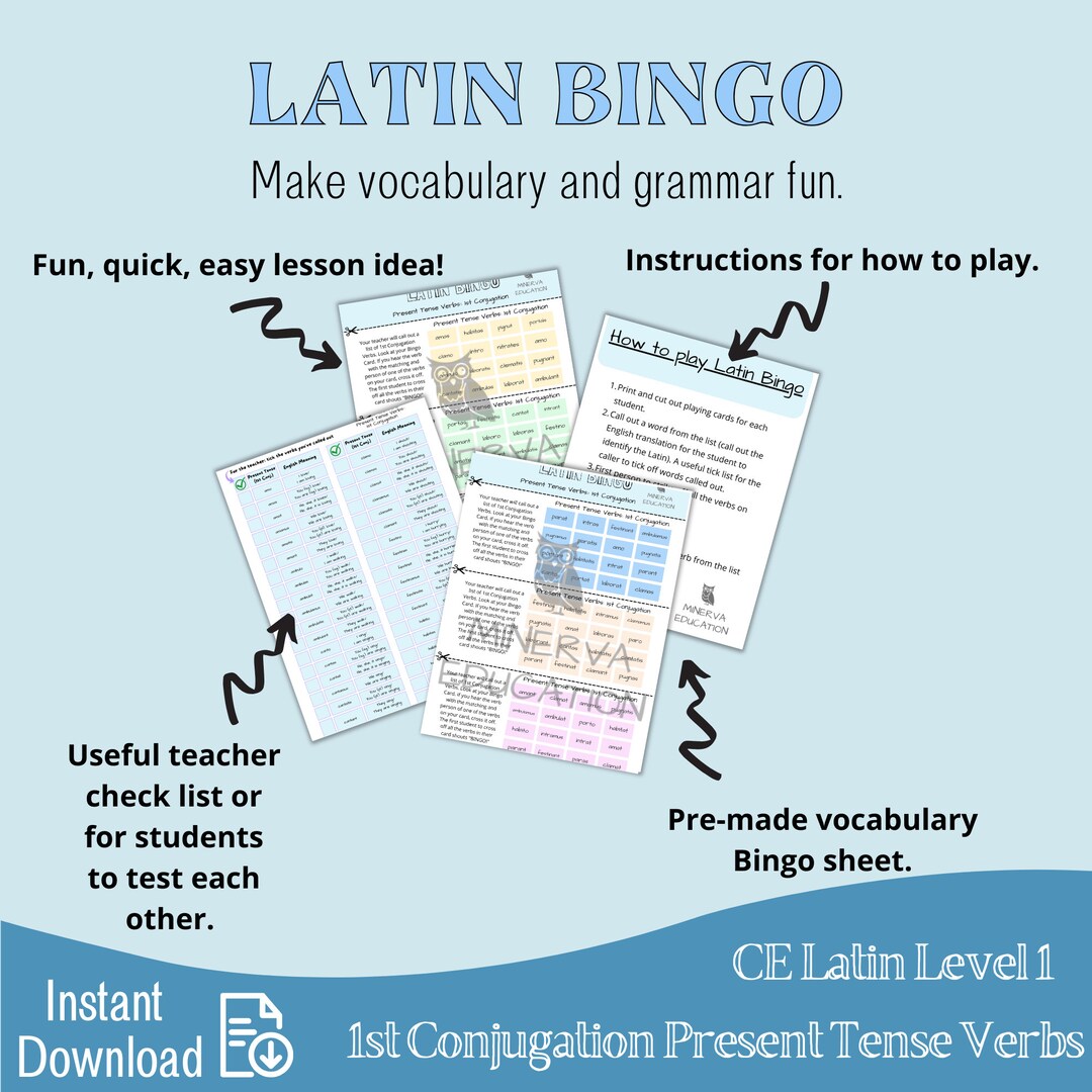 Latin Bingo 1st Conjugation: Present Tense (1st Conjugation) CE Level 1 ...