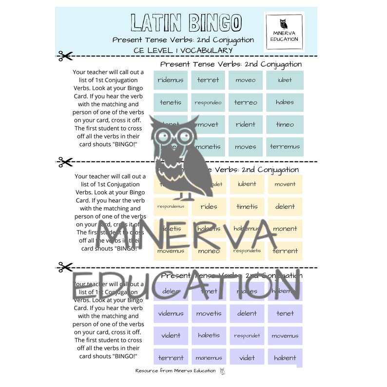 Latin Bingo 2nd Conjugation: Present Tense (1st Conjugation) CE Level 1 ...