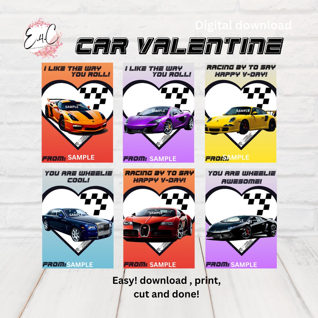 Race Car Valentine's Day Cards, Racer Valentine Cards, Printable Kids ...