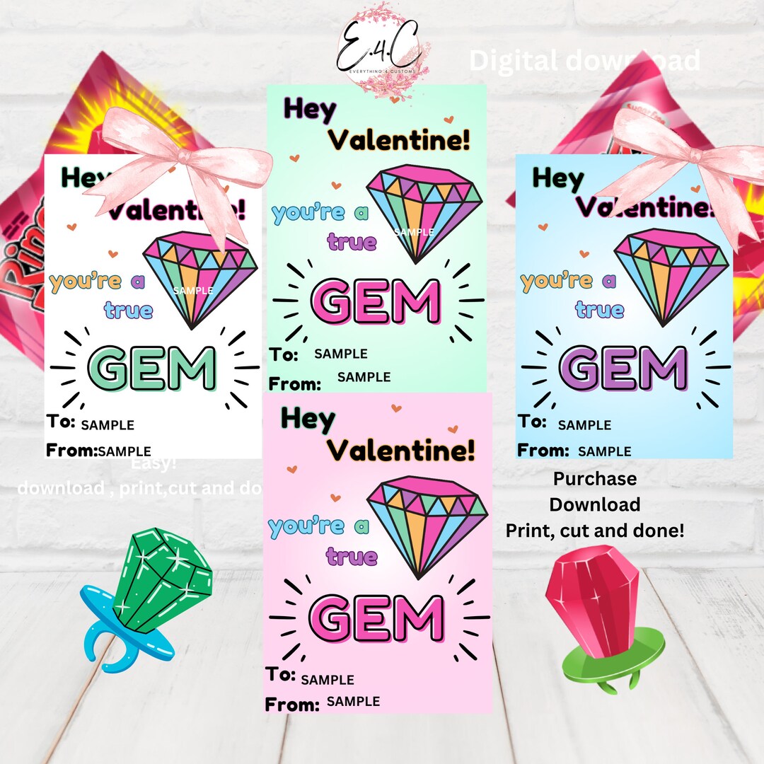 Ring Pop Valentine Cards, Printable Valentine Cards, Gemstone Valentine ...