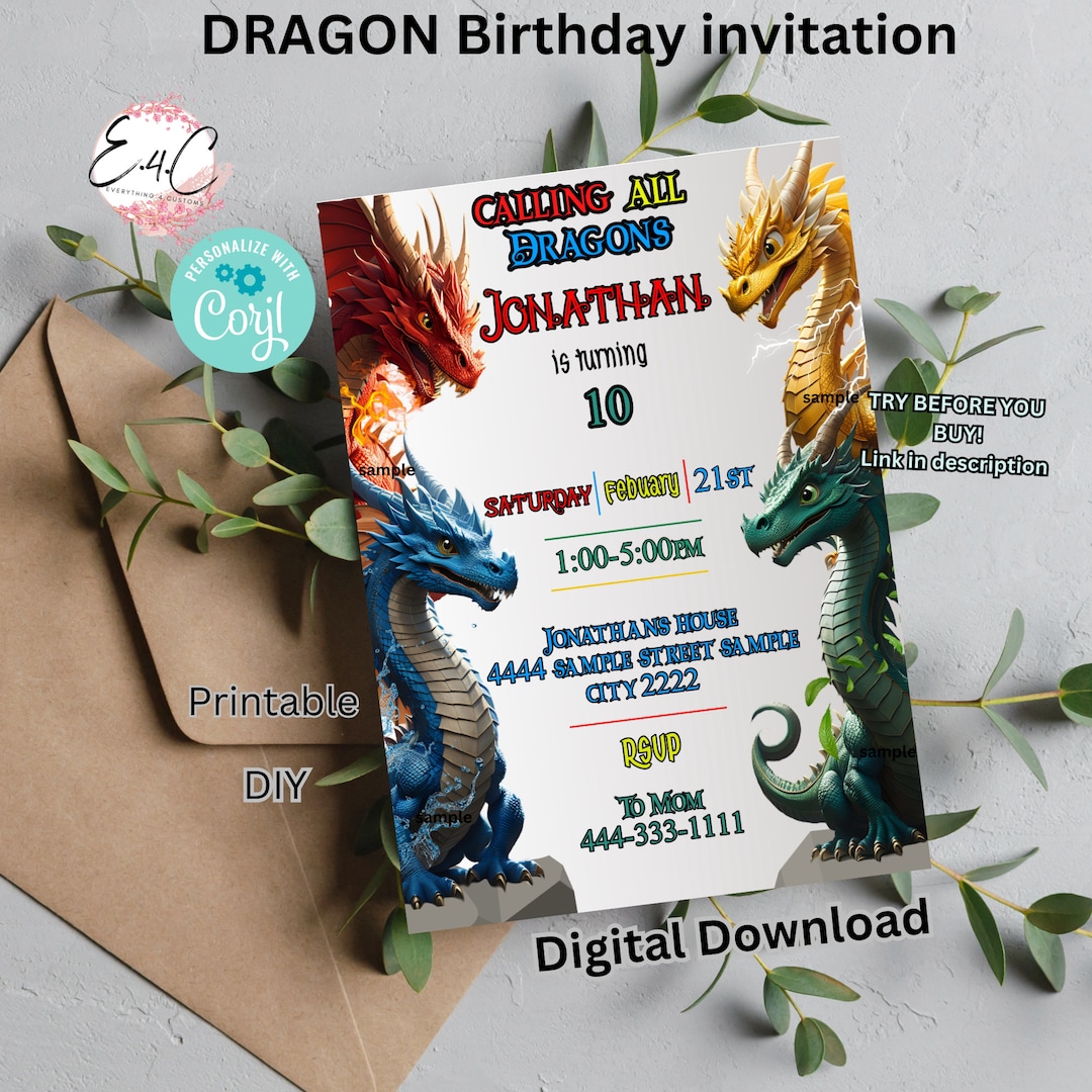 Dragons Birthday Invitation, Elements Birthday Invitation, Editable ...