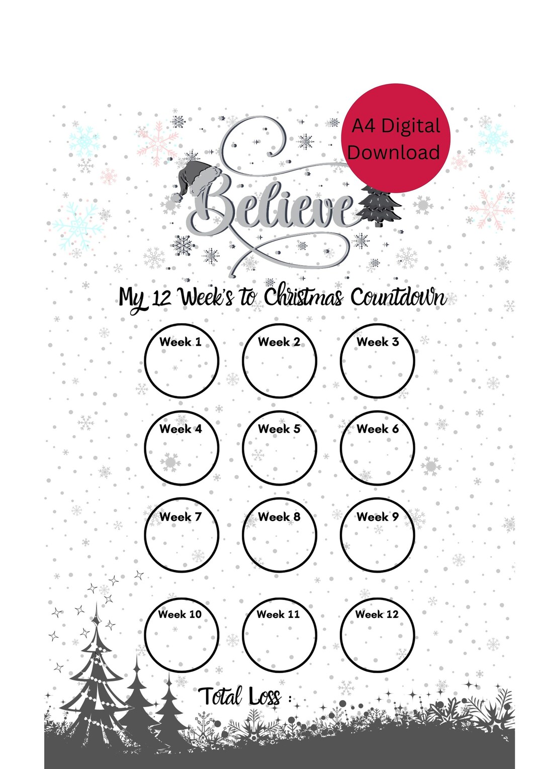 Christmas 12 Week Countdown, Weight Loss Motivation A4 Digital Download ...