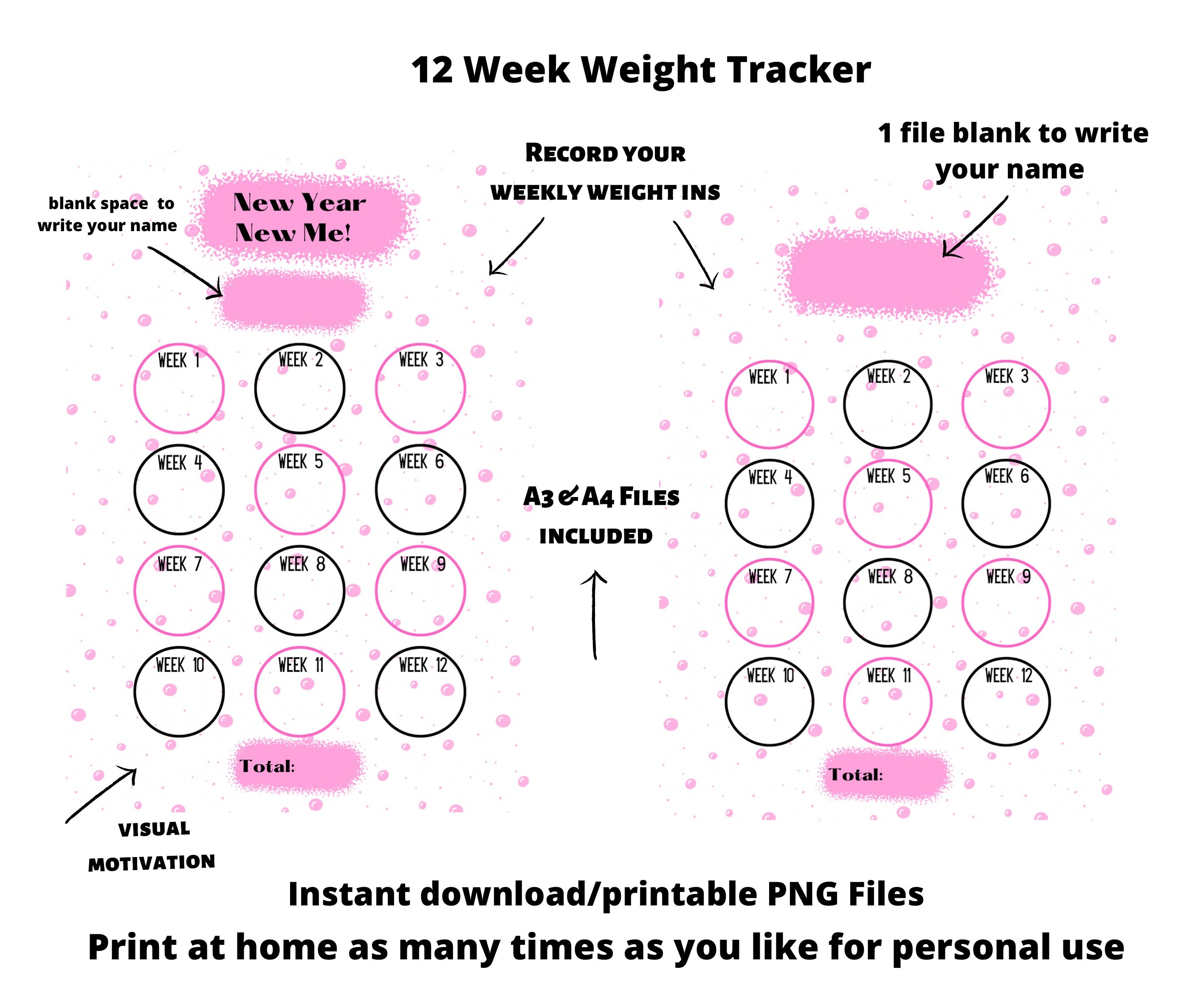Pink 12 Week Weight Tracker. Progress Chart, Visual Motivational. New ...