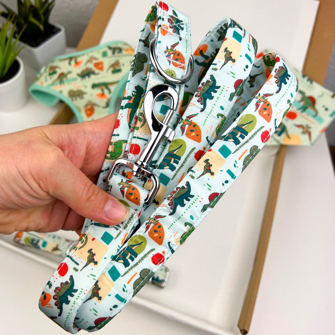 Dog Harness Dinosaur Set, Personalized Dog Bow Tie Collar and Leash ...
