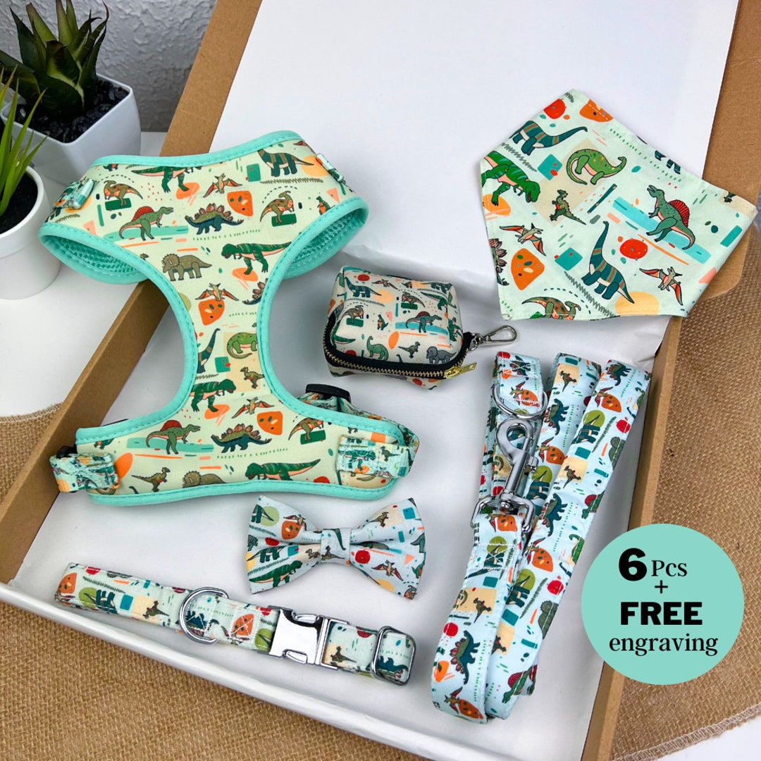 Dog Harness Dinosaur Set, Personalized Dog Bow Tie Collar and Leash ...
