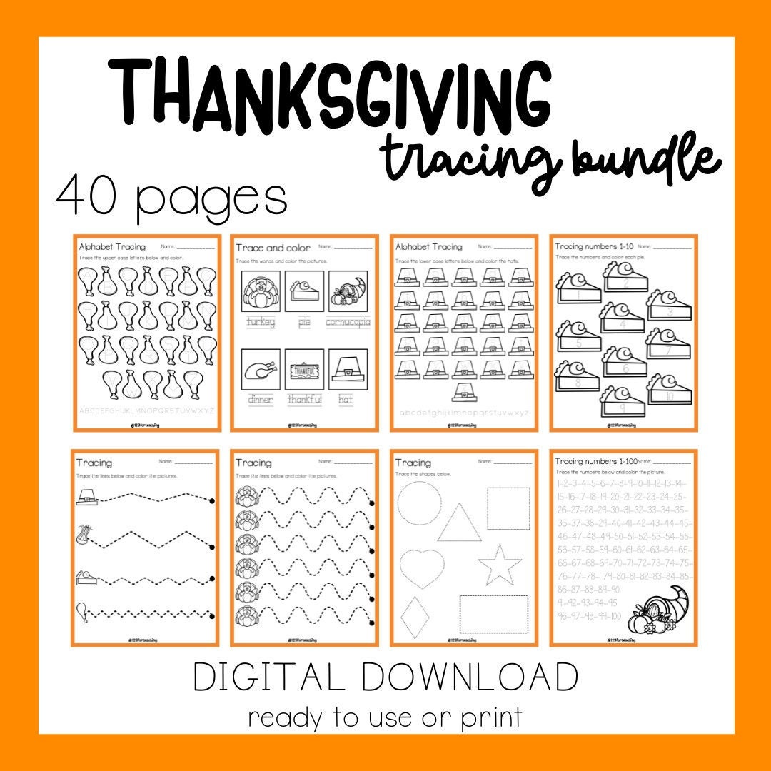 40 Thanksgiving Tracing Worksheets - Etsy