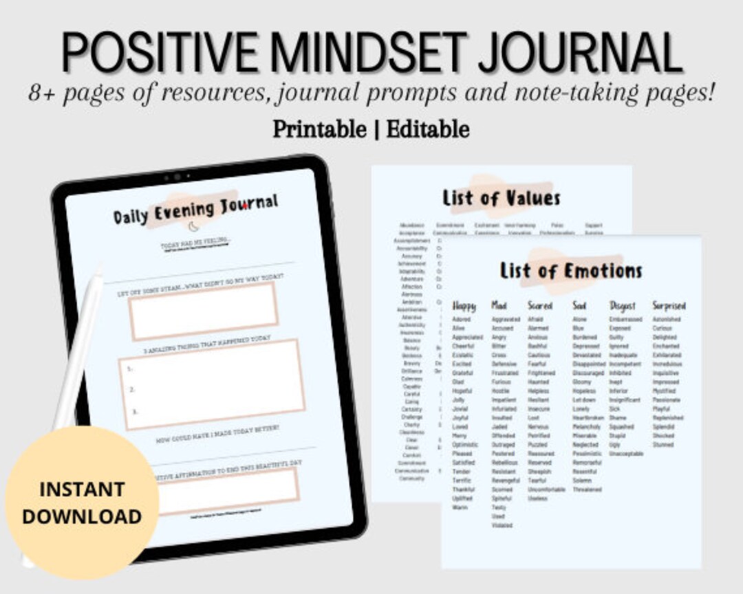 Positive Mindset Printable PDF Journal Pages, List of Emotions and ...