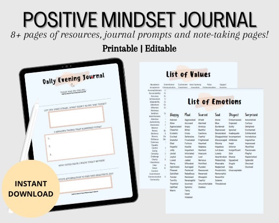 Positive Mindset Printable PDF Journal Pages, List of Emotions and ...