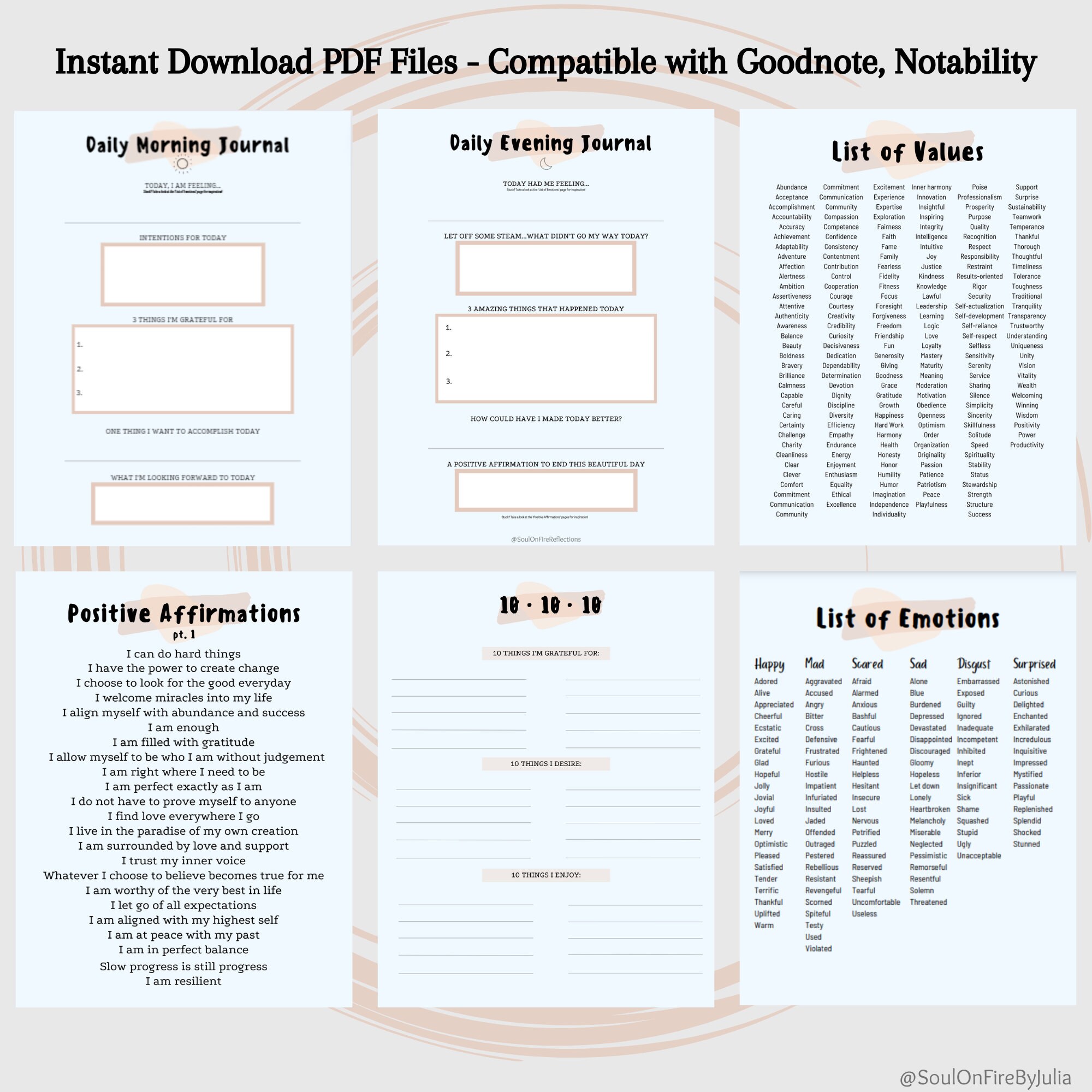 Positive Mindset Printable PDF Journal Pages, List of Emotions and ...