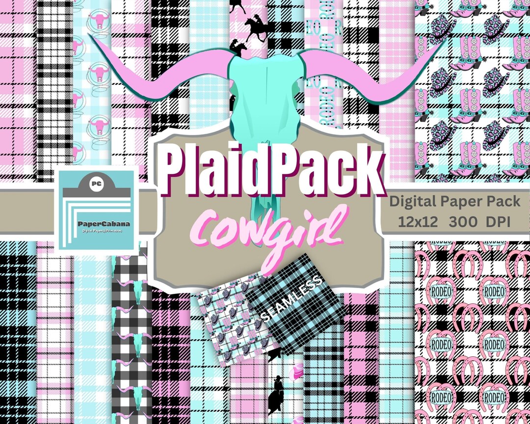 Cowgirl Digital Paper,pink Cowgirl Seamless Paper,pink Turquoise Plaid ...