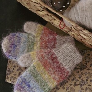 Rainbow Mittens, Hand-knitted Gloves for Kids, Wool and Mohair Fiber ...