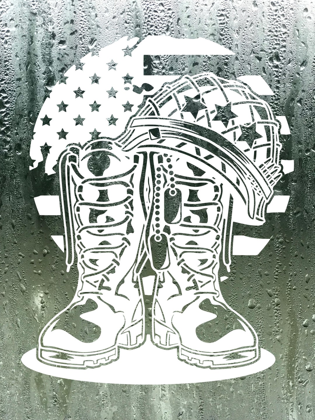 Military Combat Boots With Dog Tags and USA Flag Patriotic Vehicle ...