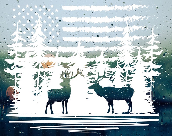 Deer in the Woods With Flag Background Large Vinyl Decal, Window Decal ...