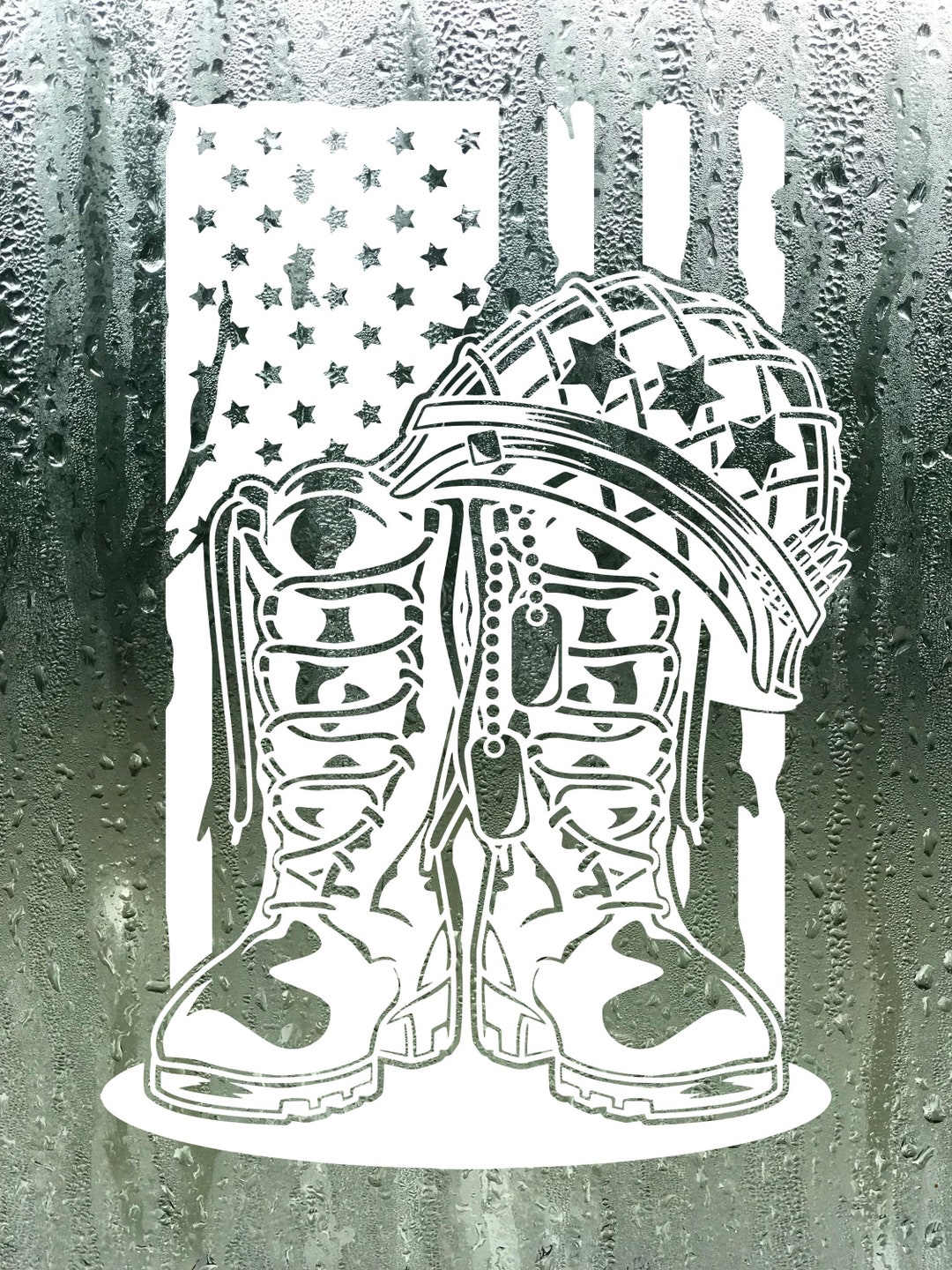 Military Combat Boots With Dog Tags and USA Flag Patriotic Vehicle ...
