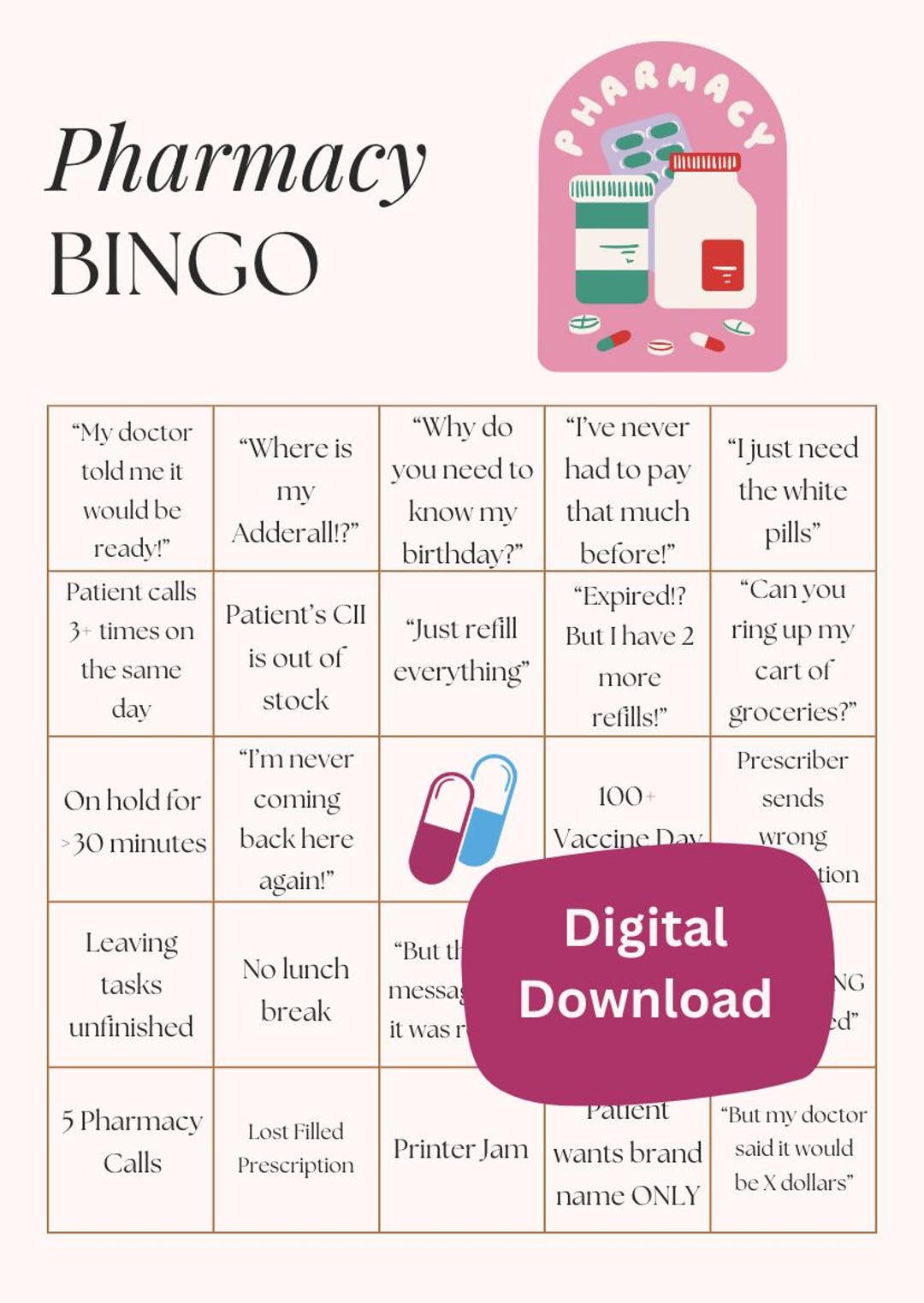 Pharmacy Bingo Game | Funny Retail Pharmacy Game - Etsy