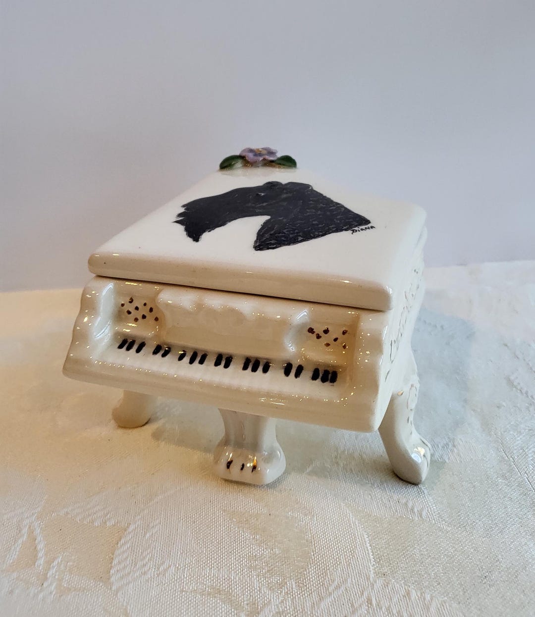 VINTAGE White Glossy Ceramic Piano Shaped 2 Piece Trinket Box With ...