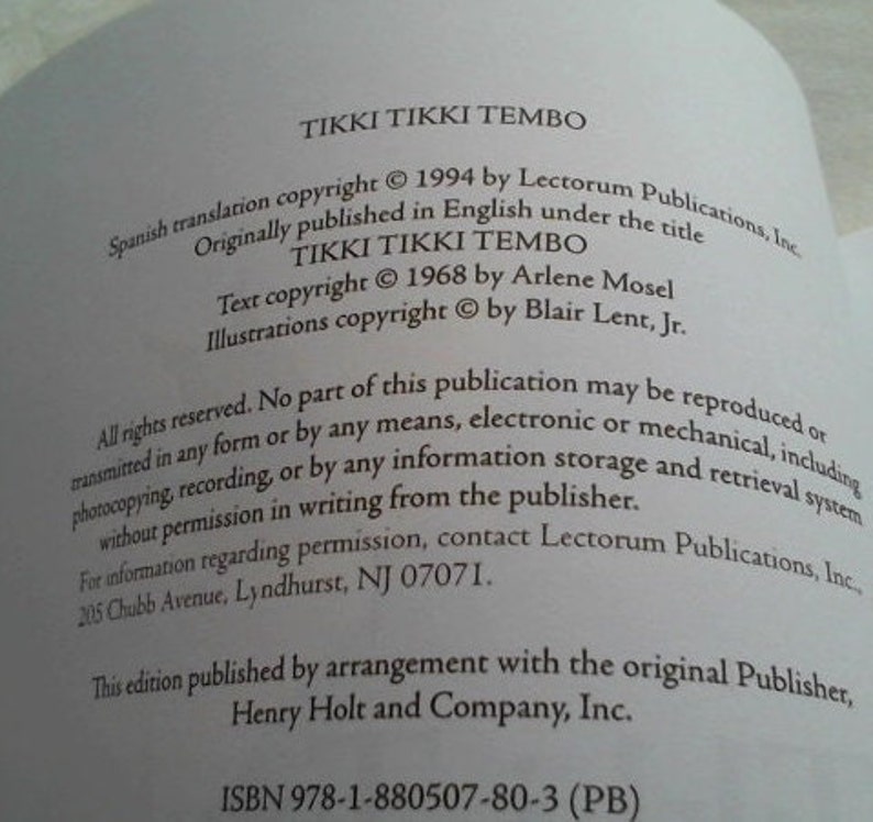 Vintage Book tikki Tikki Tembo Version De Arlene Mosel/ilustrado Por ...