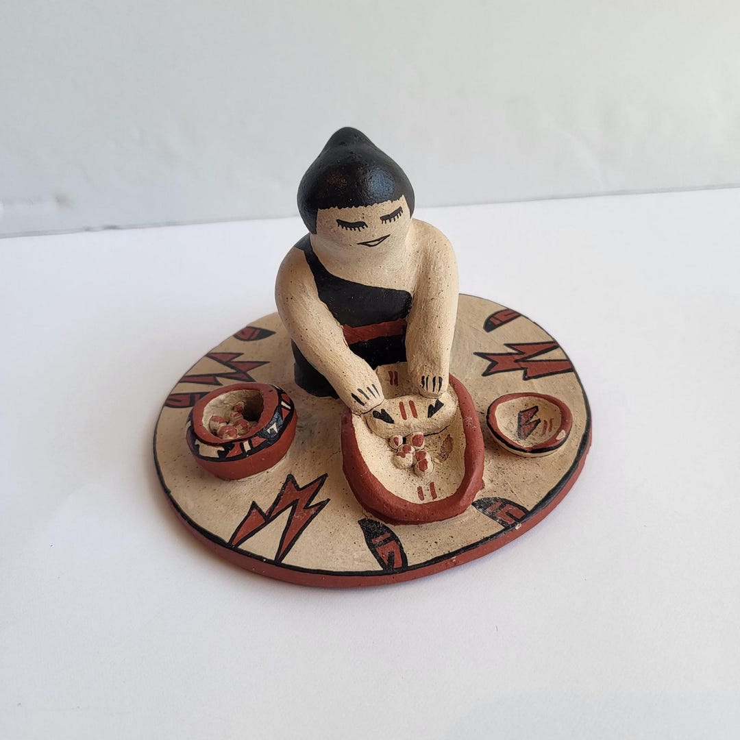 VINTAGE Jemez Pottery Native American Woman Kneeling Using a Grinding ...