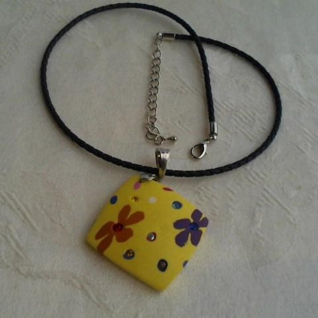 Vintage FIMO Yellow Pendant Geometrically Shaped W/flowers/rhinestones ...