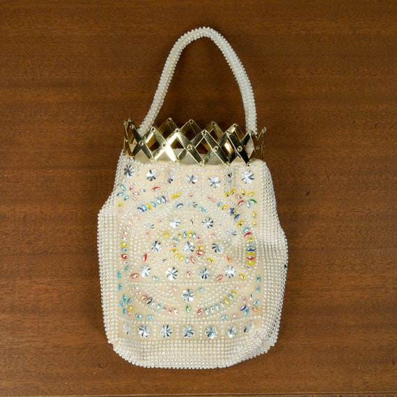 Vintage 50s Reticule Expanding Metal Cream Silver Gol… - Gem