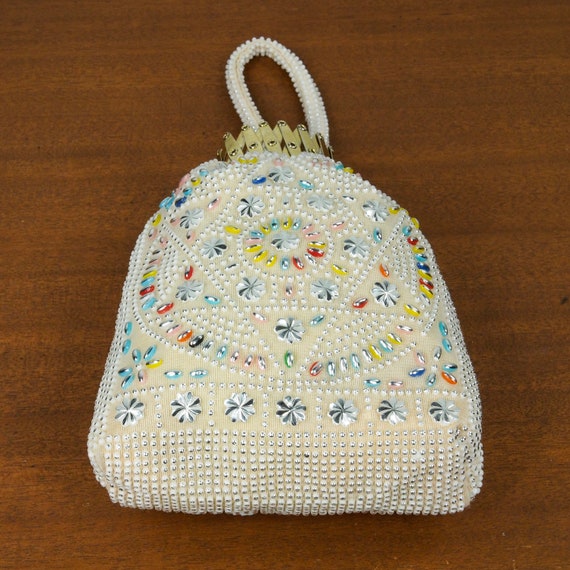 Vintage 50s Reticule Expanding Metal Cream Silver Gol… - Gem