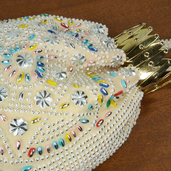 Vintage 50s Reticule Expanding Metal Cream Silver Gol… - Gem