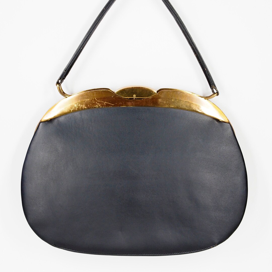 Vintage 50s Round Black Genuine Leather by Helen Liverpool Handbag ...