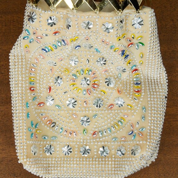 Vintage 50s Reticule Expanding Metal Cream Silver Gol… - Gem