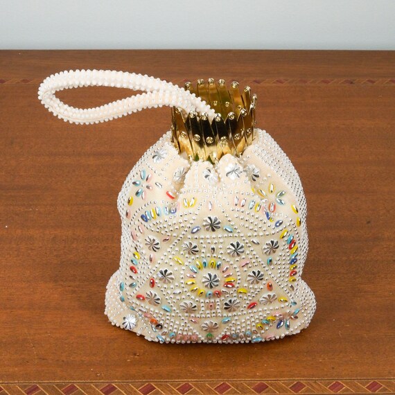 Vintage 50s Reticule Expanding Metal Cream Silver Gol… - Gem