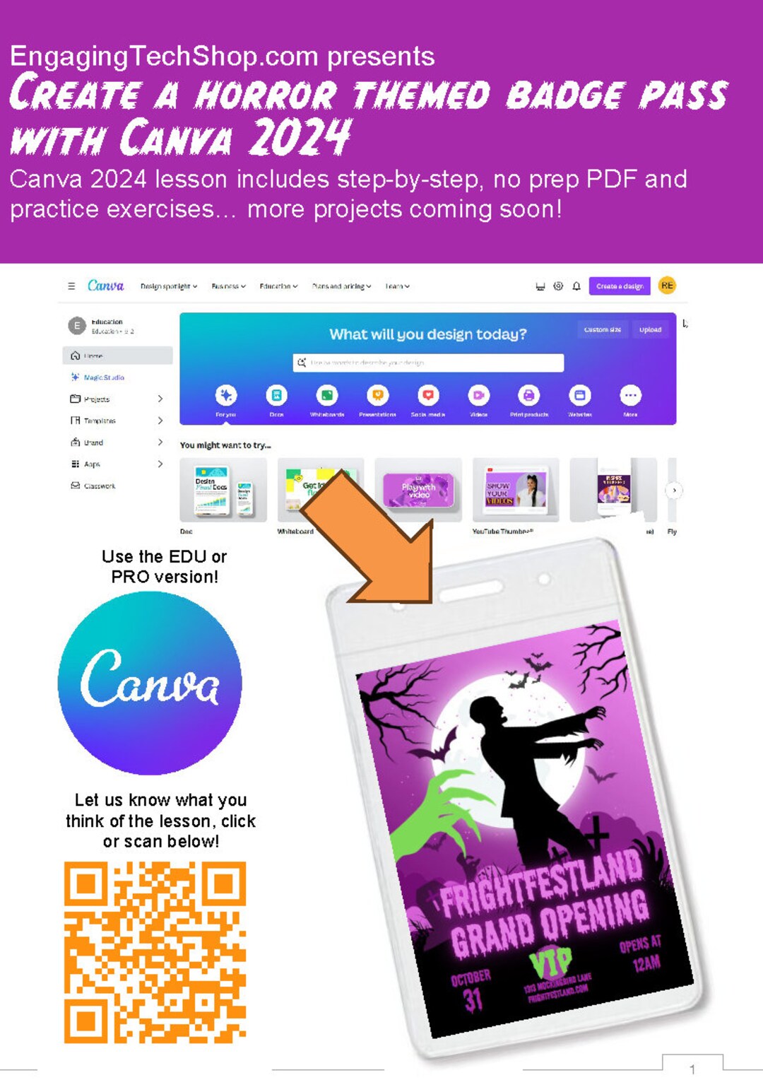 Canva 2024 Project Horror Themed Badge Pass Lesson in PDF Learn Canva Completing Projects Not ...