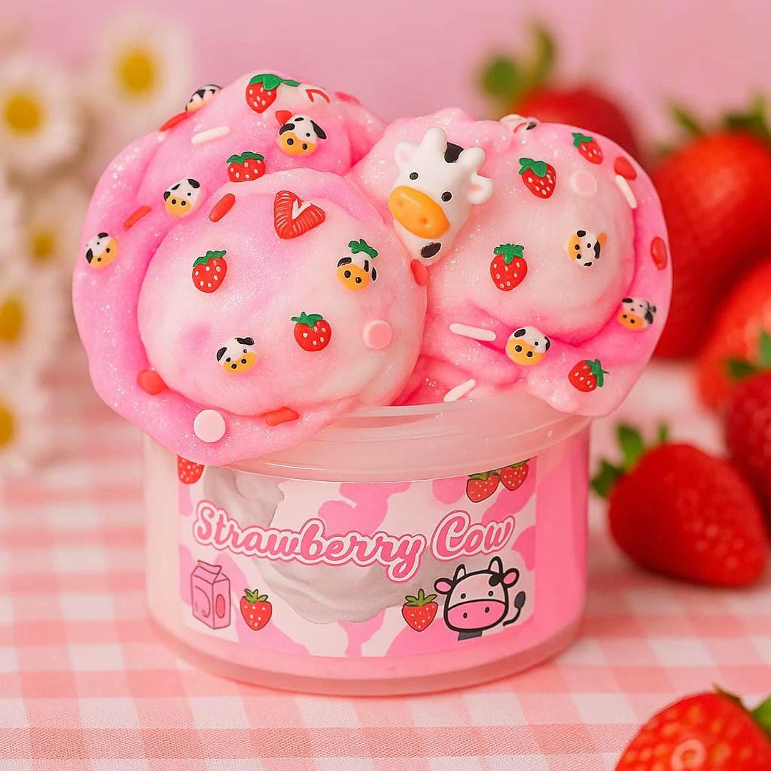 Strawberry Cow Cloud Slime: 7oz Fluffy Stress Relief, Cow Charm - Etsy