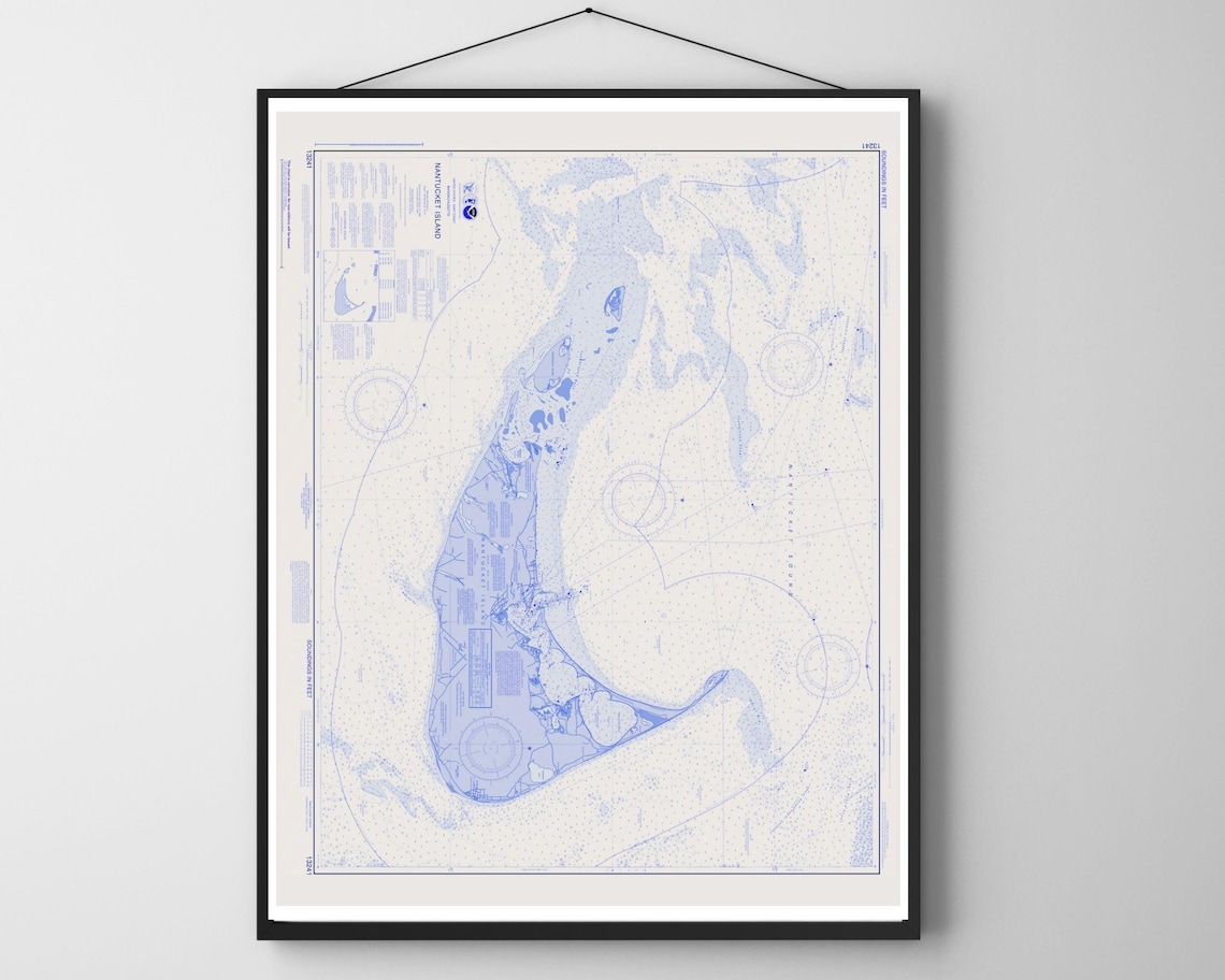 Nantucket Island Map Blueprint, Nantucket Nautical Chart, Home Decor ...
