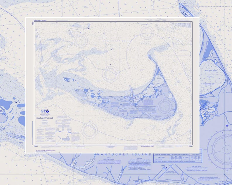 Nantucket Island Map Blueprint, Nantucket Nautical Chart, Home Decor ...