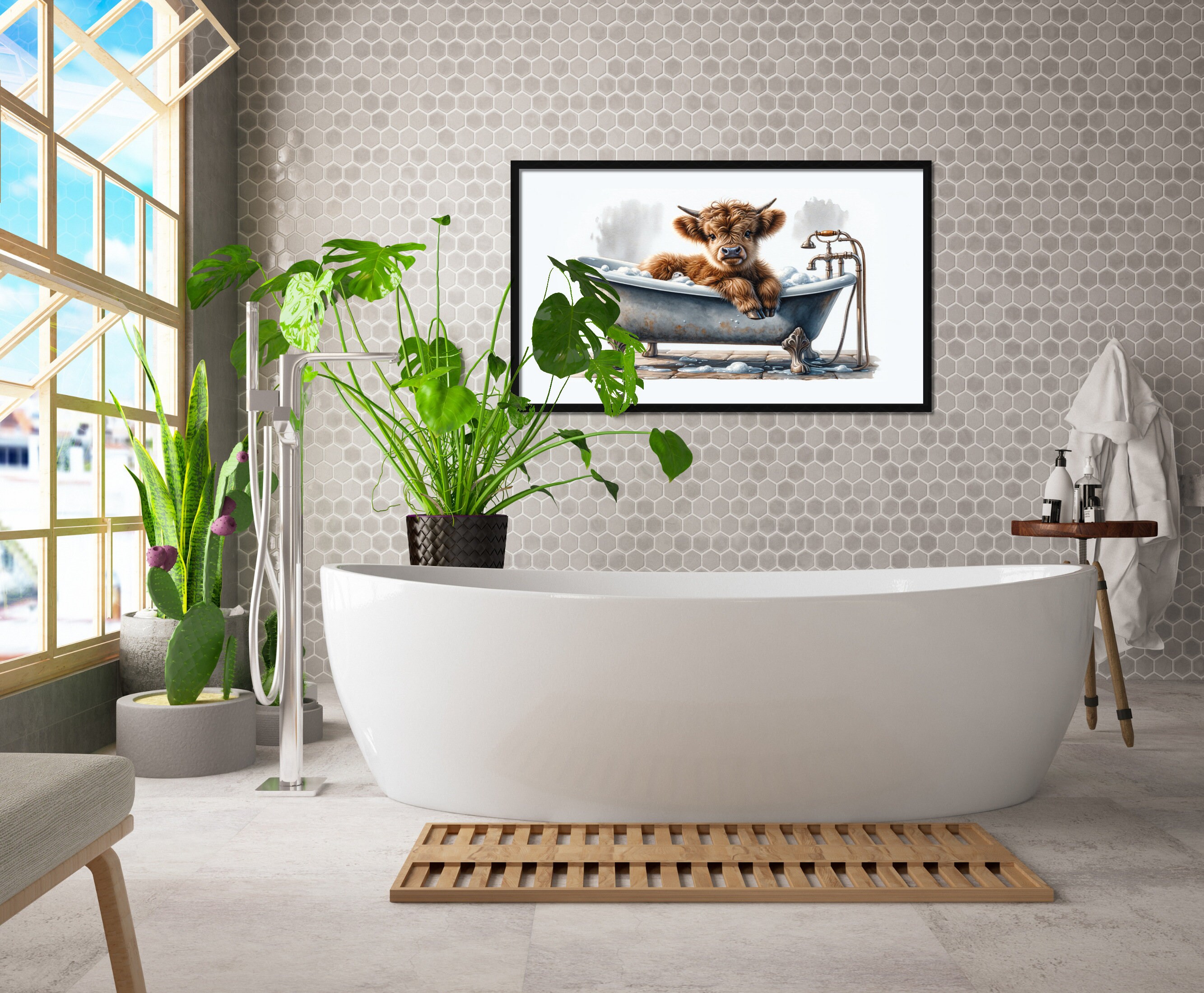 Watercolor Highland Cow in Bubble Bath Art Whimsical Bathroom Decor ...