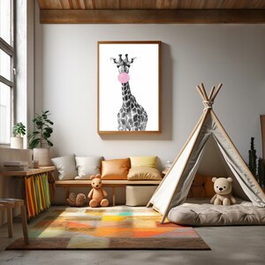 Watercolor Bubblegum Giraffe, Black & White Digital Wall Art, Animal ...
