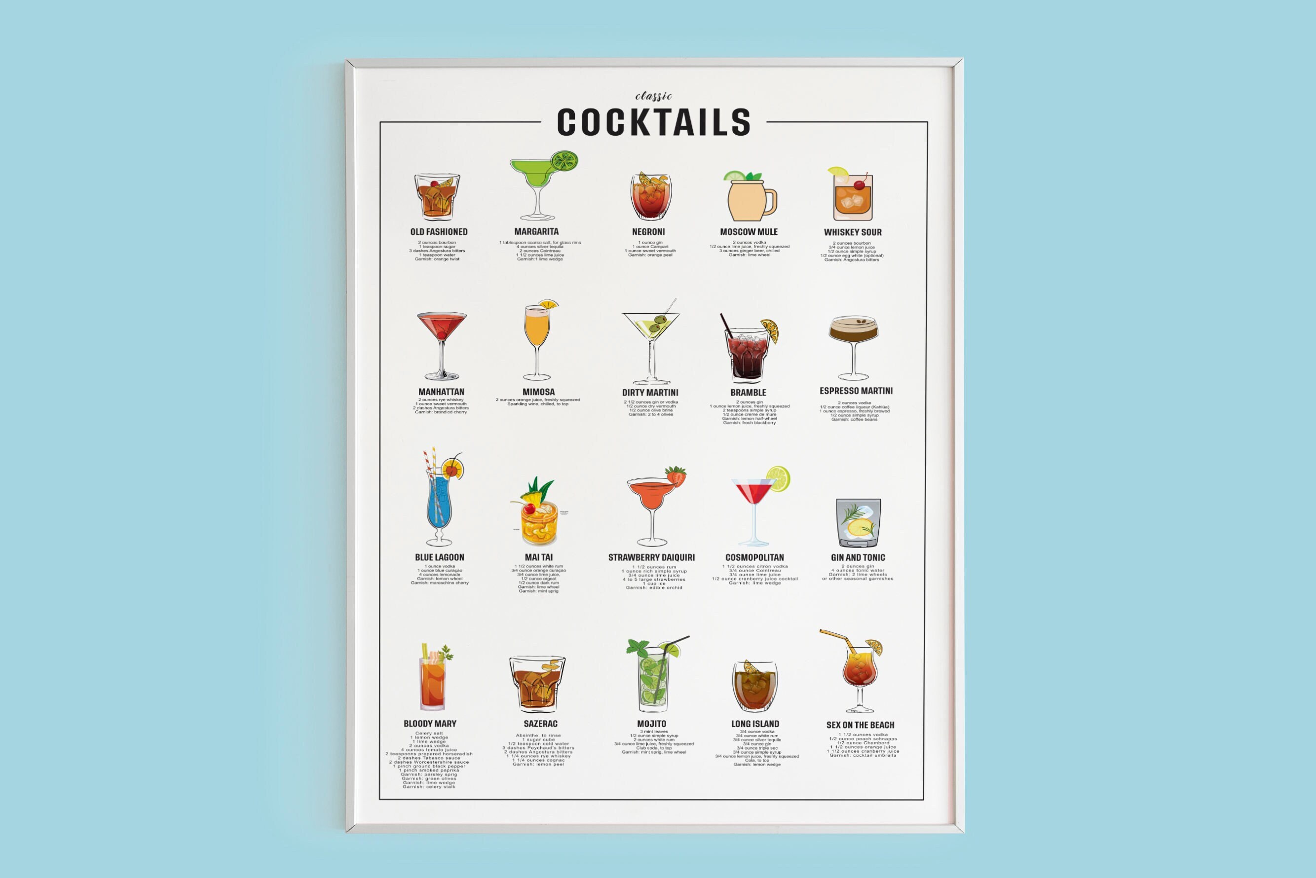 Instant Download, Classic Cocktails Recipe Print, Cocktail Poster, Cocktail Art, Drink Bar ...