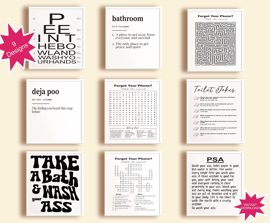 Bathroom Humor Wall Art, Crossword Puzzle, Bathroom Printable Set ...