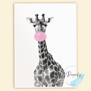 Watercolor Bubblegum Giraffe, Black & White Digital Wall Art, Animal ...