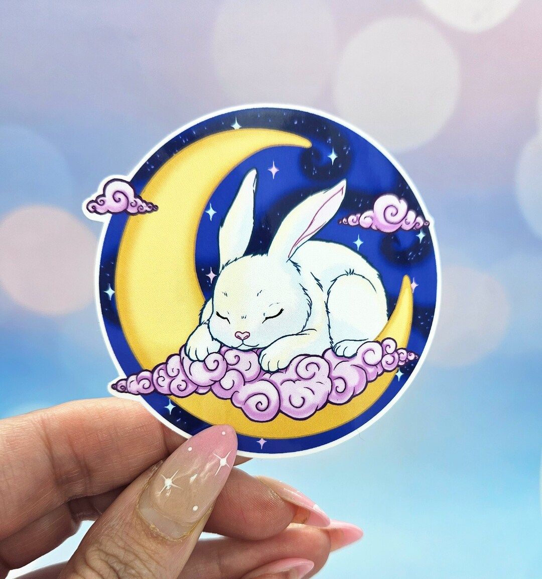 Moon Rabbit Sticker Kawaii Bunny, Lunar, Dreamy Clouds, Night Sky ...