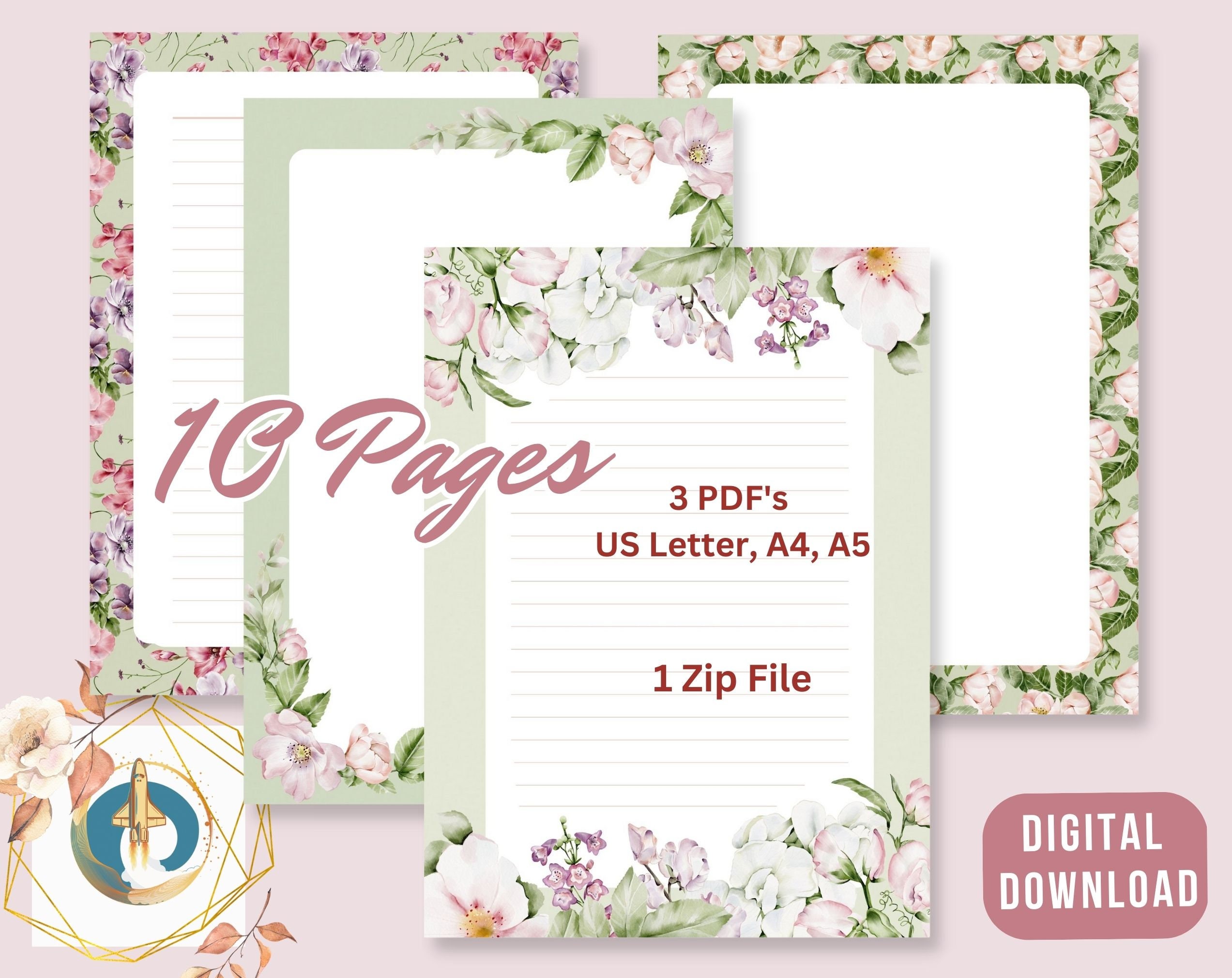 Sage Floral Stationery Printable Sage , PDF Digital Stationery Spring ...