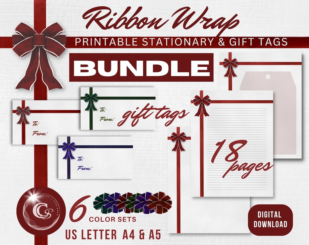 Ribbon Wrap Printable Stationary & Gift Tag BUNDLE, PDF Digital ...