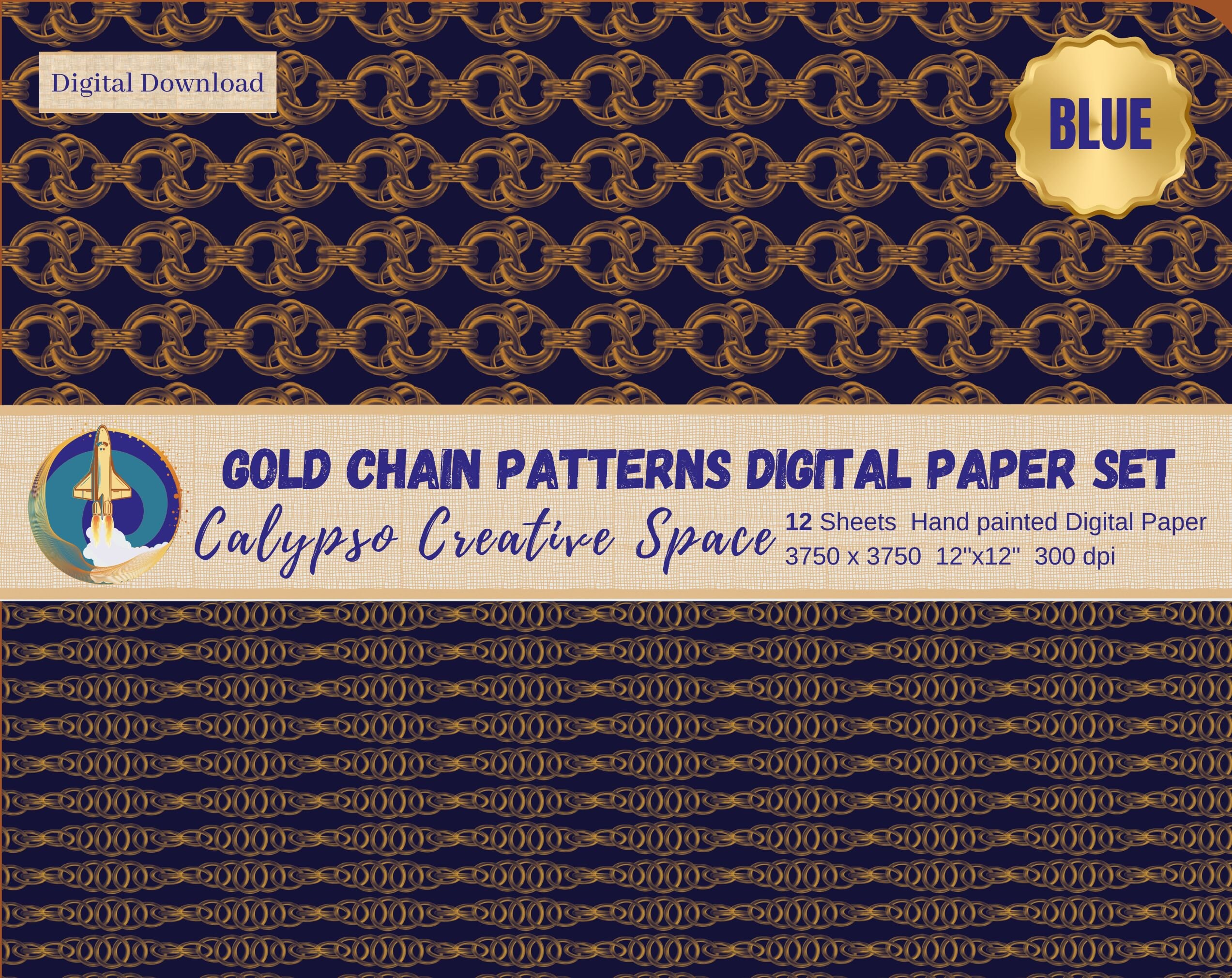 Gold Chain Pattern Digital Paper Set BLUE Instant Download Hand Painted ...