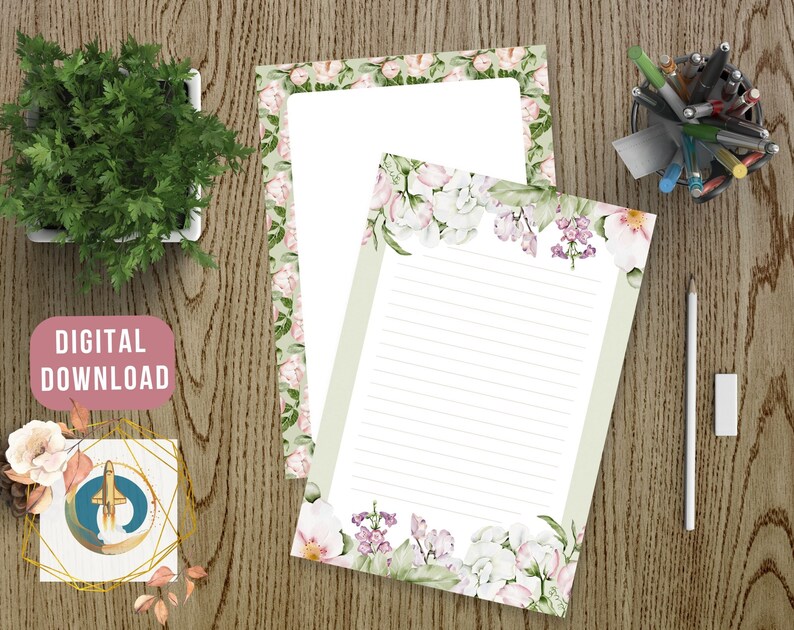 Sage Floral Stationery Printable Sage , PDF Digital Stationery Spring ...