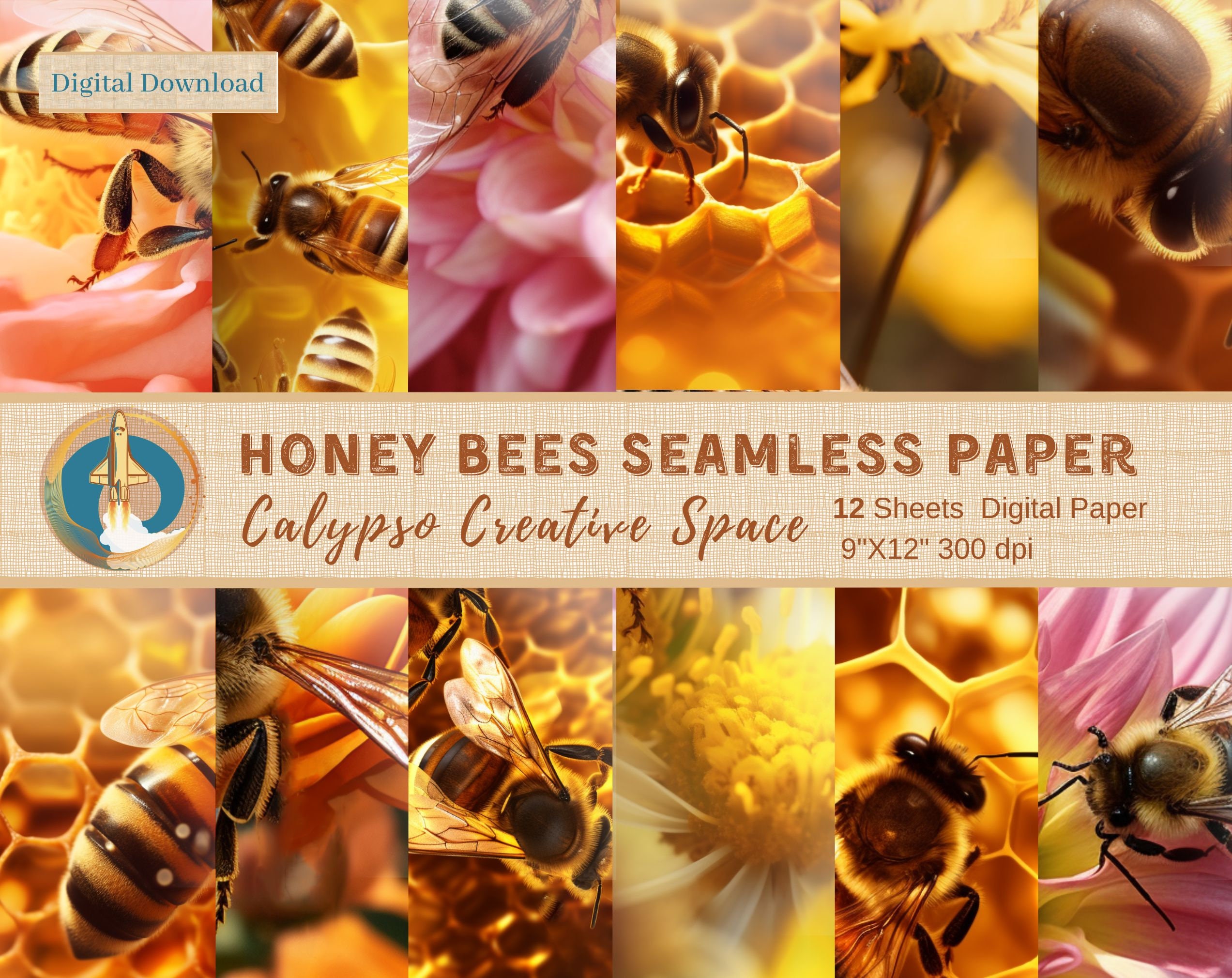 Honey Bees Honey Comb Flower Digital Paper Seamless Paper Background ...