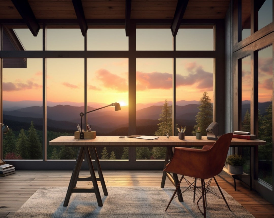 Sunset Mountain View Office Virtual Background for Zoom Meeting Video ...