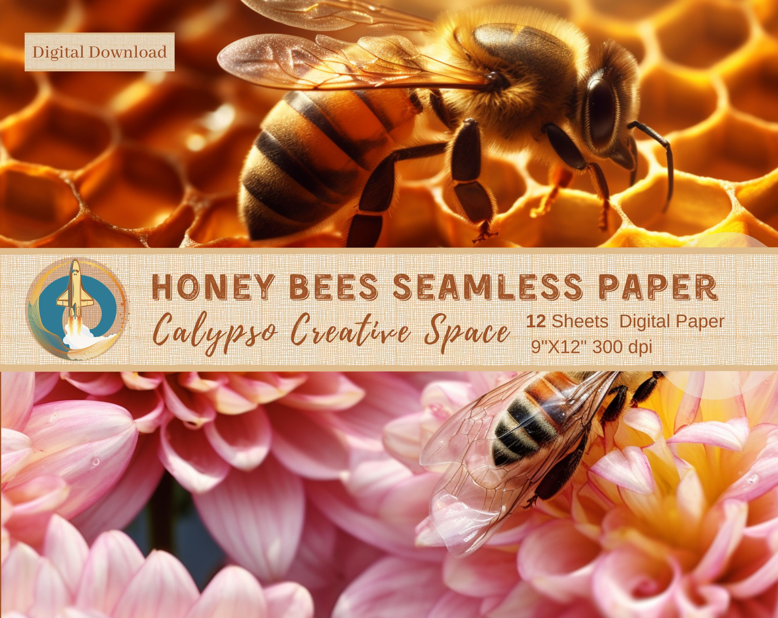 Honey Bees Honey Comb Flower Digital Paper Seamless Paper Background ...