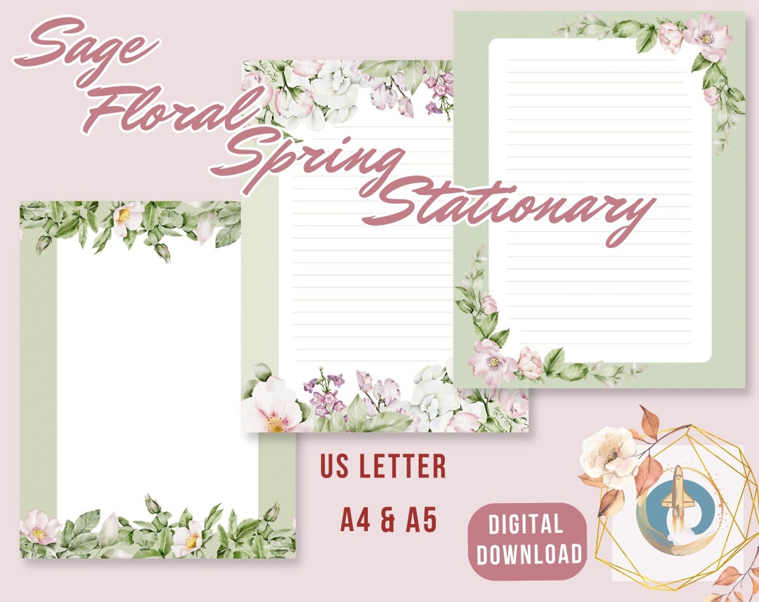 Sage Floral Stationery Printable Sage , PDF Digital Stationery Spring ...