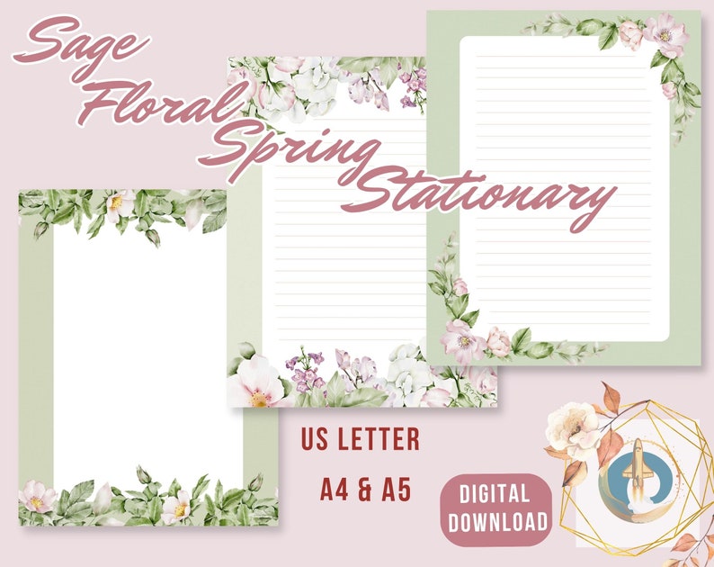 Sage Floral Stationery Printable Sage , PDF Digital Stationery Spring ...