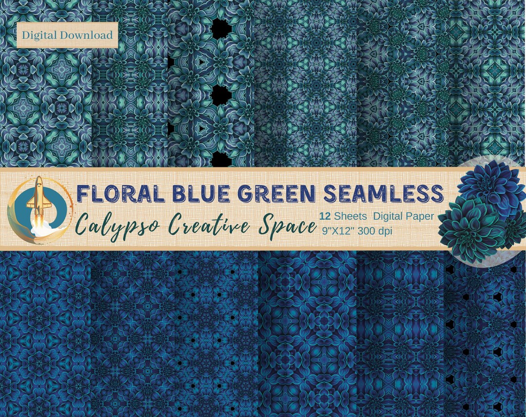 Floral Blue Green Digital Paper Set Instant Download Hand Painted Paper ...
